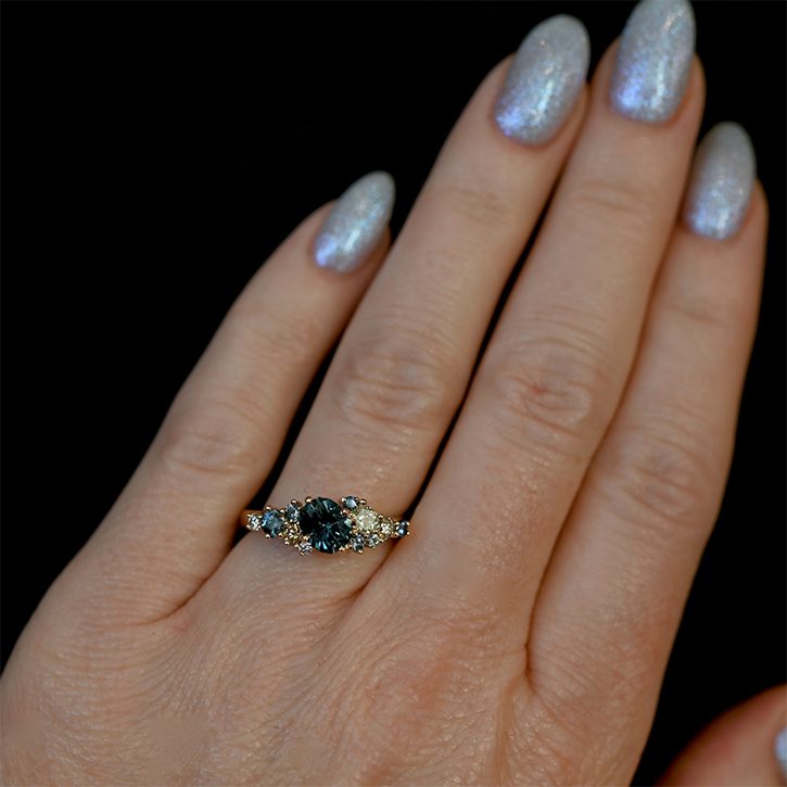 Tilted Teal Sapphire Engagement Ring | Custom Engagement Ring